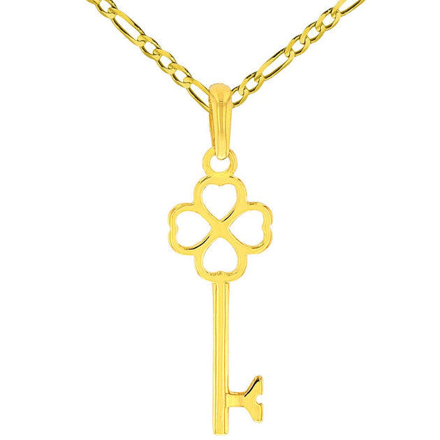 14K Yellow Gold Four Leaf Clover Love Key Charm Good Luck Pendant ...