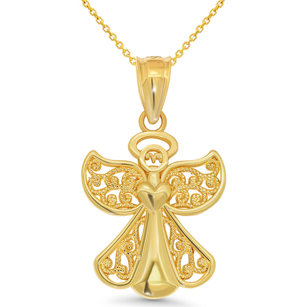 14k Gold Filigree Angel with Heart Pendant Necklace | Jewelry America