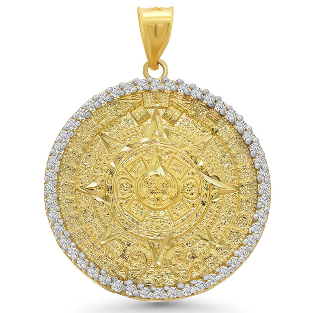 14k Gold Aztec Sun Calendar Medallion Pendant with Cubic Zirconia ...