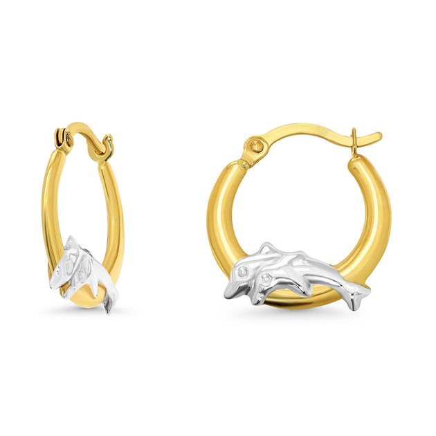 14k Gold Dolphins Diving Small Hoop Earrings | Jewelry America