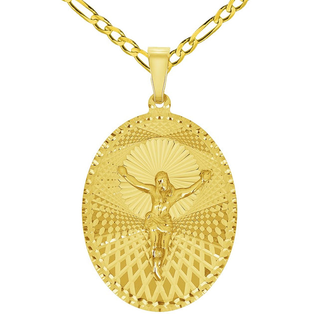 14k Gold Oval Shape Jesus Crucifix Textured Medallion Pendant | Jewelry ...
