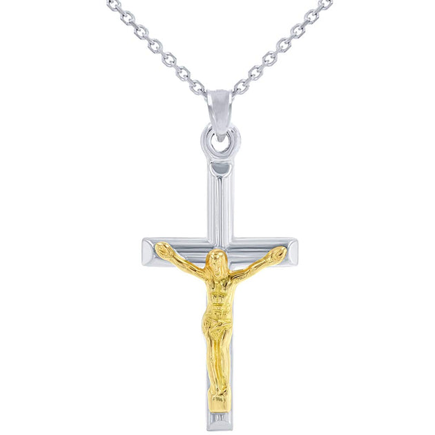 14k Gold Small Latin INRI Cross Two Tone Crucifix Pendant | Jewelry America