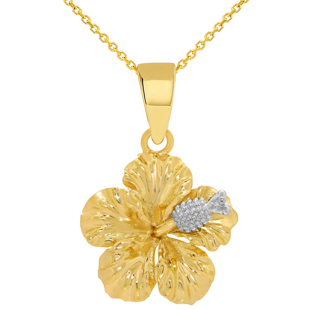 14k Two-Tone Gold Hibiscus Textured Flower Pendant Necklace | Jewelry ...