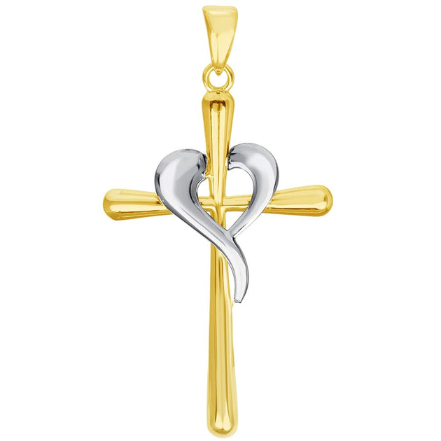 14k Two-Tone Gold Religious Cross and Heart Pendant | Jewelry America