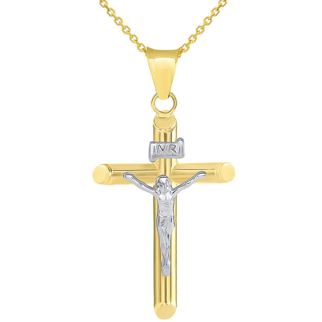 14k Two Tone Gold Tubular Cross INRI Crucifix Pendant | Jewelry America