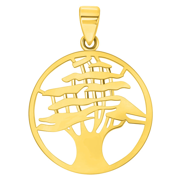 14k Yellow Gold Round Cedar Tree Medallion Pendant | Jewelry America