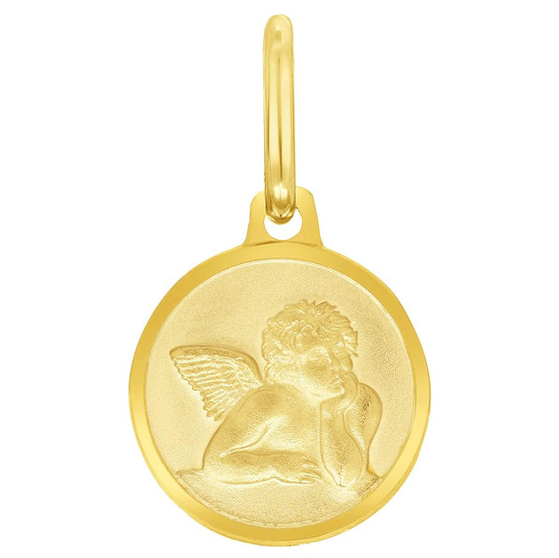 14k Yellow Gold Round Guardian Angel Medal Charm Pendant | Jewelry America