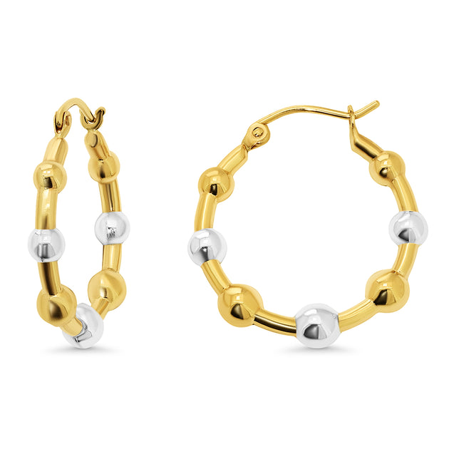 14k Gold 2-Tone Graduated Beaded Hoop Earrings | Jewelry America