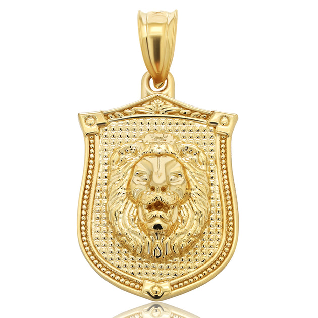 14k Yellow Gold Lion Head On Shield Pendant | Jewelry America