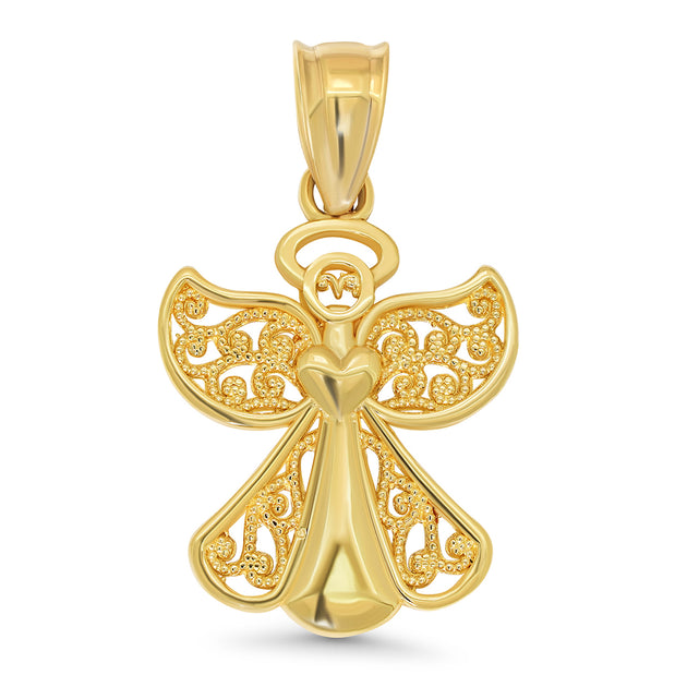 Solid 14k Gold Small Filigree Angel Heart Pendant | Jewelry America