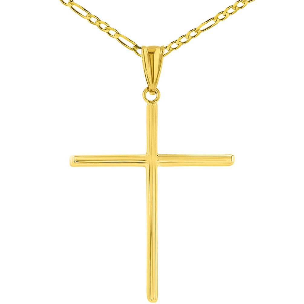 High Polished 14K Yellow Gold Plain Slender Large Cross Pendant Jewelry America