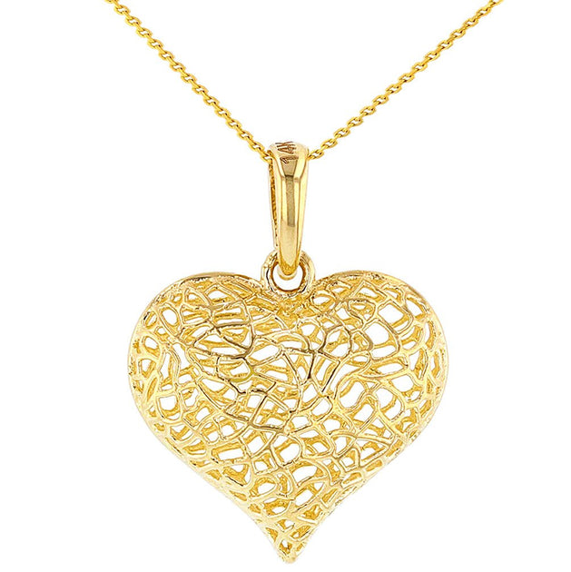 Textured 14K Yellow Gold Puffed Filigree Heart Pendant | Jewelry America