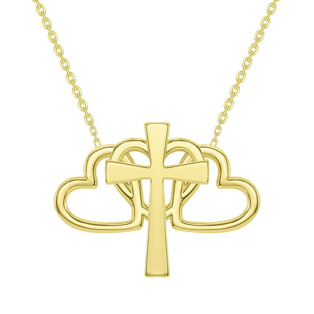 14k Gold Triple Heart Religious Cross Necklace | Jewelry America