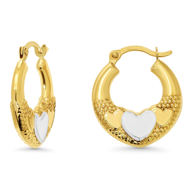 14k Gold Puffed Triple Heart Hoop Earrings | Jewelry America