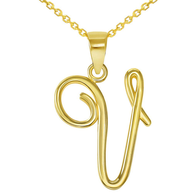 14k Yellow Gold Elegant Script Letter V Cursive Initial Pendant Neckla ...
