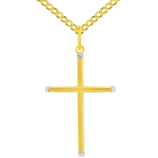 14k Two-Tone Gold Slender Slanted Edge Plain Religious Cross Pendant w ...