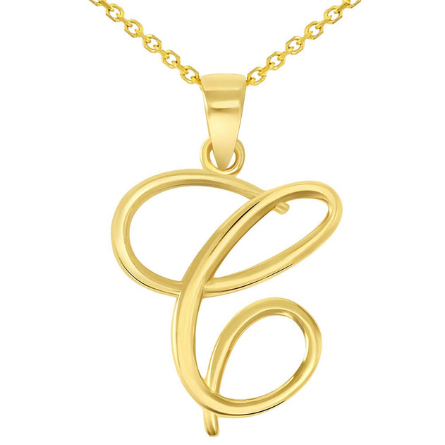 14k Yellow Gold Elegant Script Letter C Cursive Initial Pendant Neckla ...