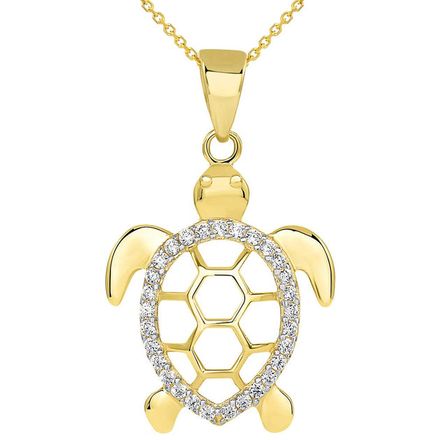 14k Yellow Gold CZ Open Shell Sea Turtle Good Luck Pendant Necklace ...