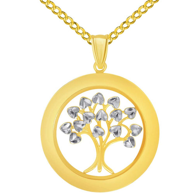 14k Yellow Gold Round Two Tone Tree of Life Medal Pendant with Cuban C ...
